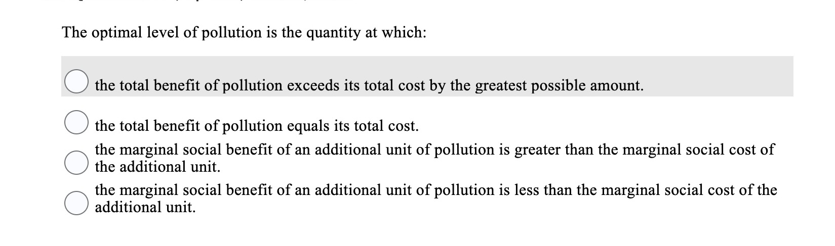 Solved The optimal level of pollution is the quantity at | Chegg.com