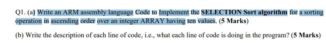 Solved Q1. (a) Write an ARM assembly language Code to | Chegg.com