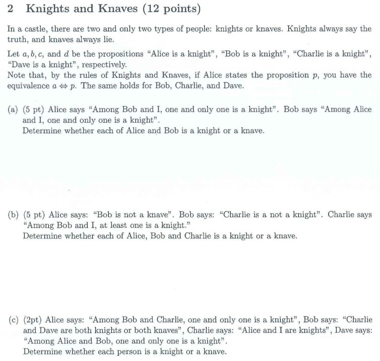 Solved 2 Knights and Knaves (12 points) In a castle, there | Chegg.com