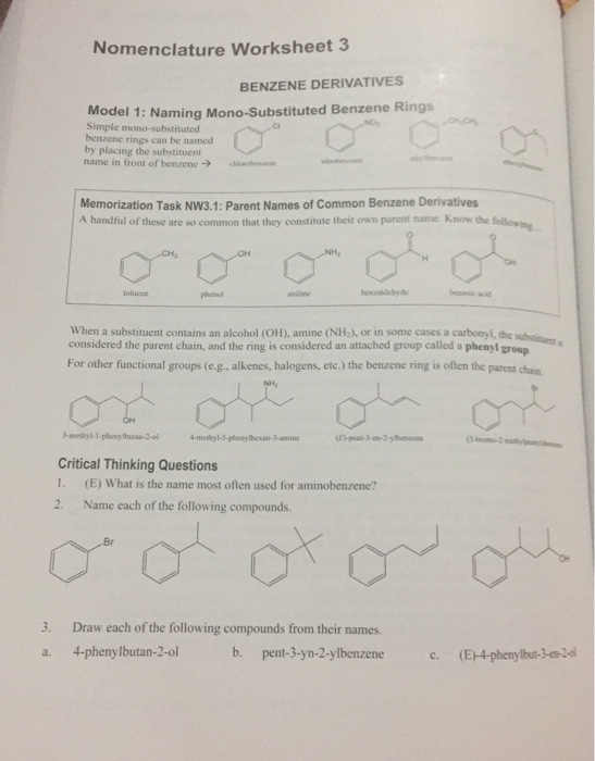 Solved Nomenclature Worksheet 3 BENZENE DERIVATIVES Model 1: | Chegg.com