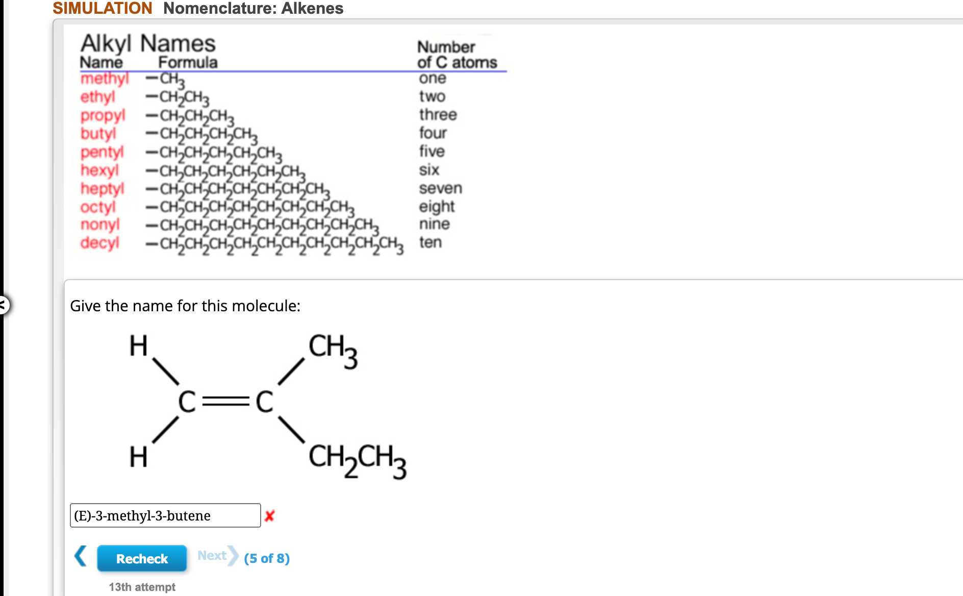 Solved SIMULATION Nomenclature: Alkenes Give the name for | Chegg.com