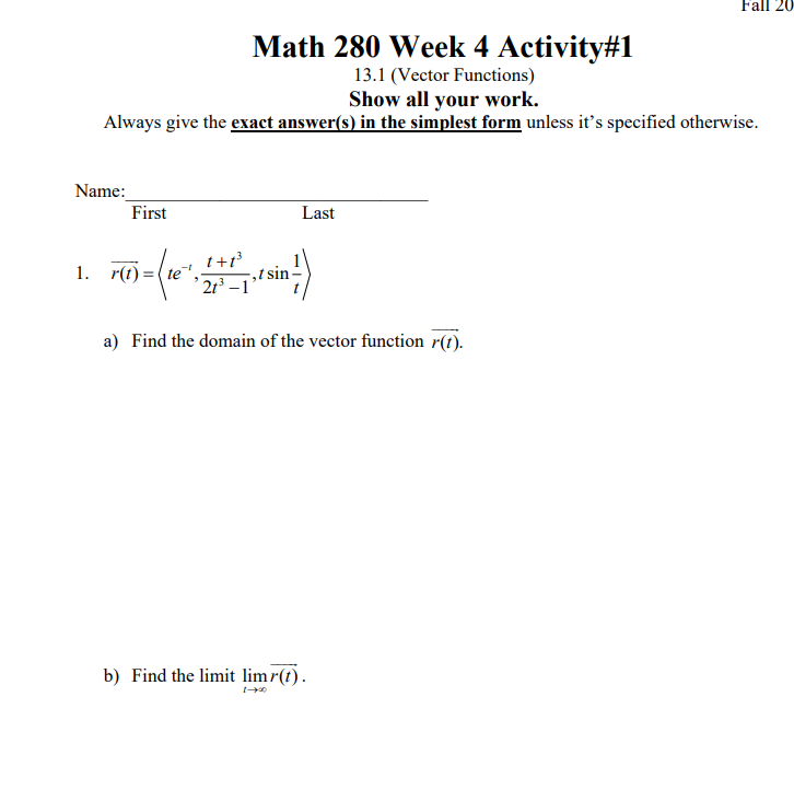 Solved Math 280 Week 4 Activity\#1 13.1 (Vector Functions) | Chegg.com