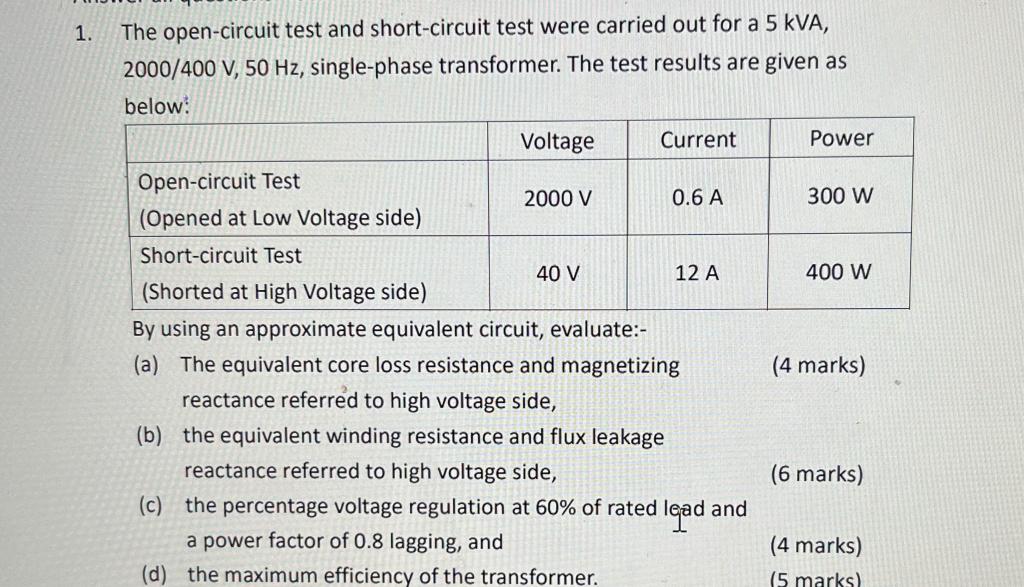 Solved 1. The open-circuit test and short-circuit test were | Chegg.com