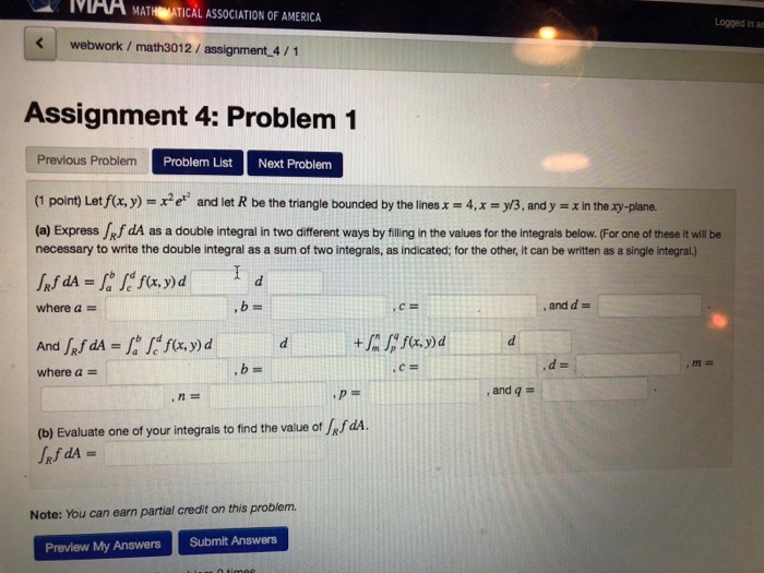 Solved MRA MATH-ATİCAL ASSOCIATION OF AMERICA webwork / | Chegg.com