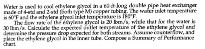 Solved Water is used to cool ethylene glycol in a 60-ft-long | Chegg.com