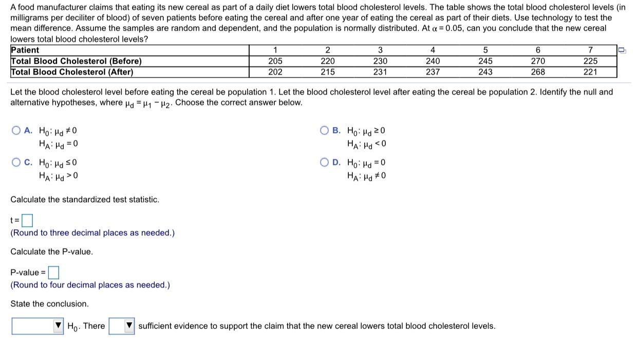 Solved A food manufacturer claims that eating its new cereal | Chegg.com