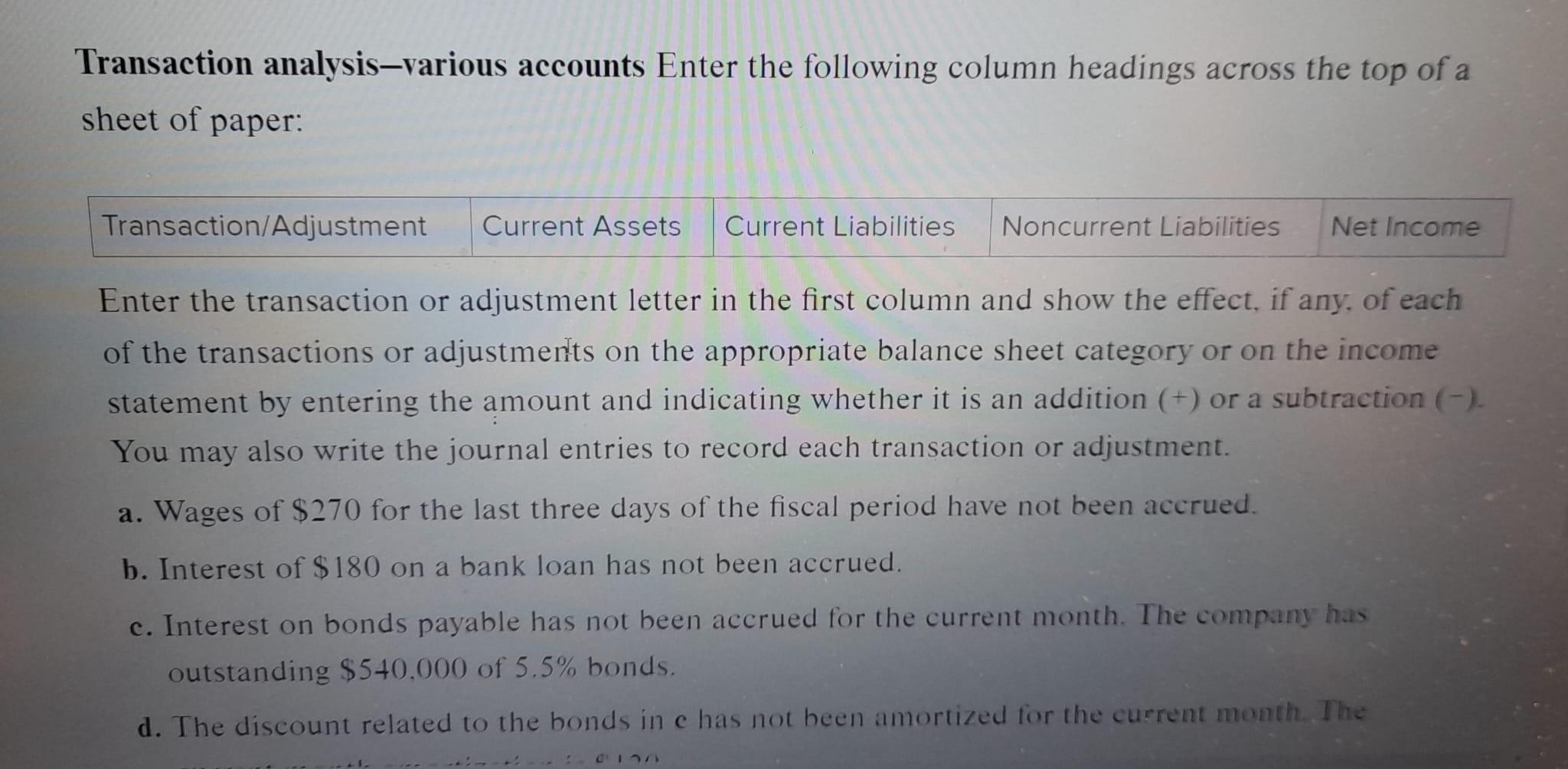 Solved Transaction analysis-various accounts Enter the | Chegg.com