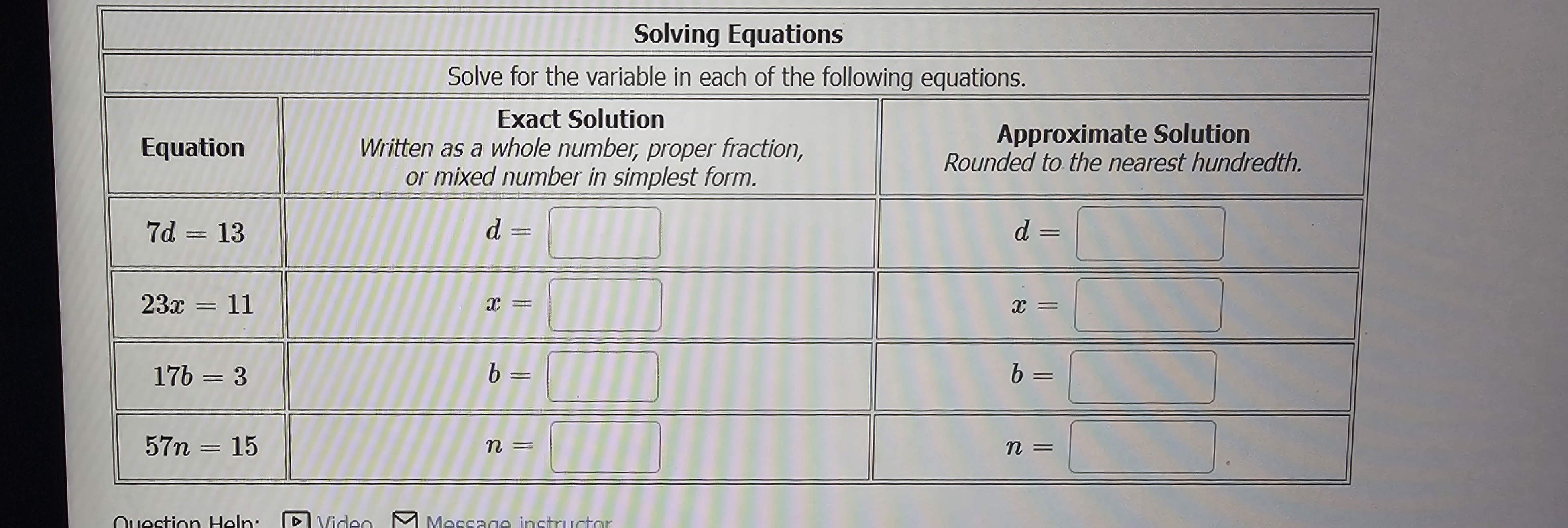 Solved \table[[Solving Equations,],[Solve for the variable | Chegg.com