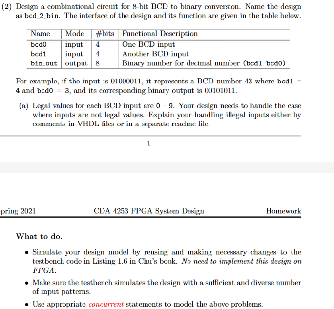 (2) Design a combinational circuit for 8-bit BCD to | Chegg.com