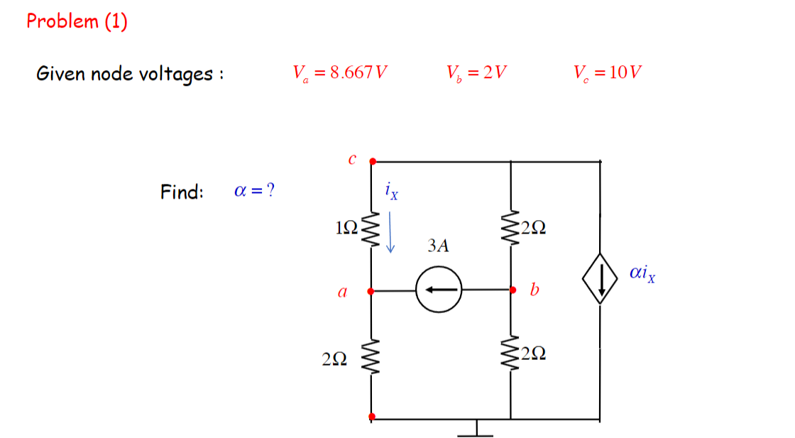 Solved Given node voltages: Va=8.667 VVb=2 VVc=10 V Find: α= | Chegg.com