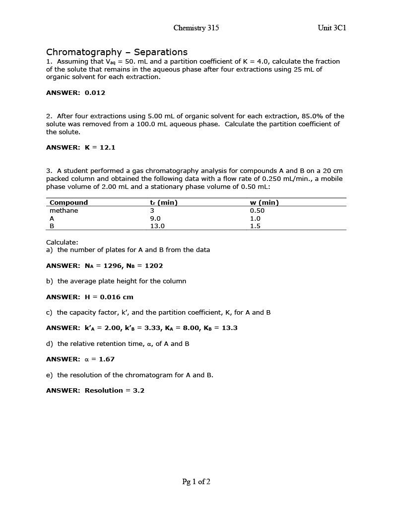Solved Chemistry 315 Unit 3C1 Chromatography - Separations | Chegg.com