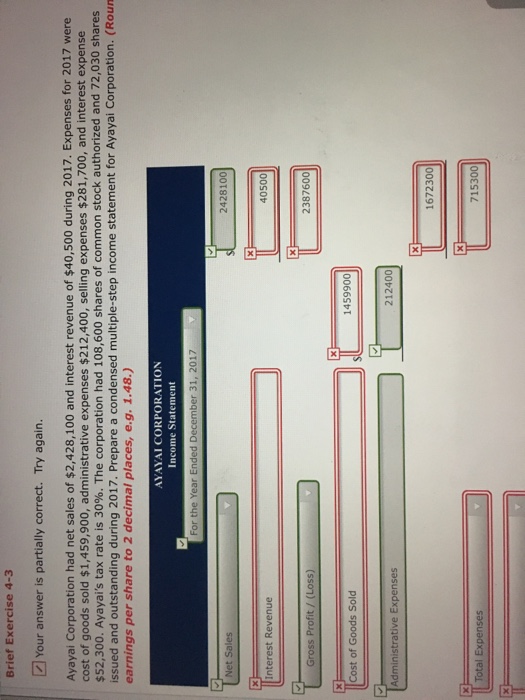 Solved Brief Exercise 4-3 Your answer is partially correct. | Chegg.com