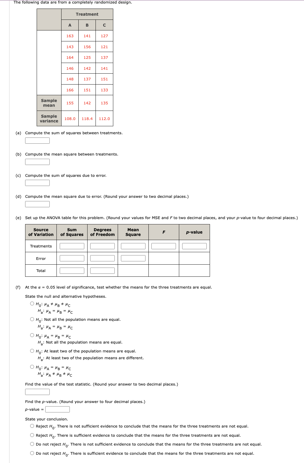 Solved (a) Compute the sum of squares between treatments. | Chegg.com