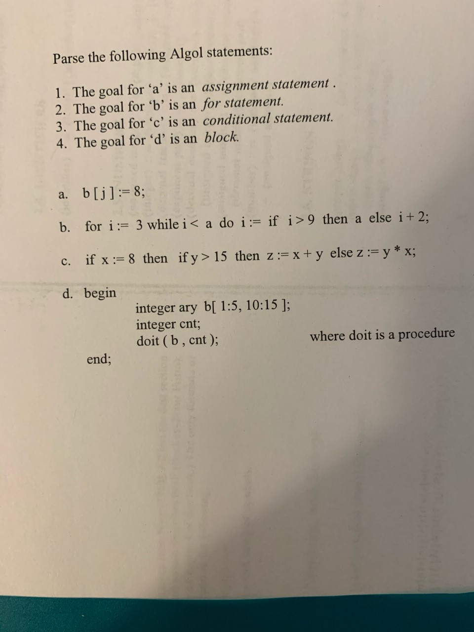 Solved Parse the following Algol statements: 1. The goal for | Chegg.com