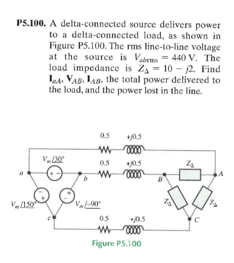 Solved P5.100. A delta-connected source delivers power to a | Chegg.com