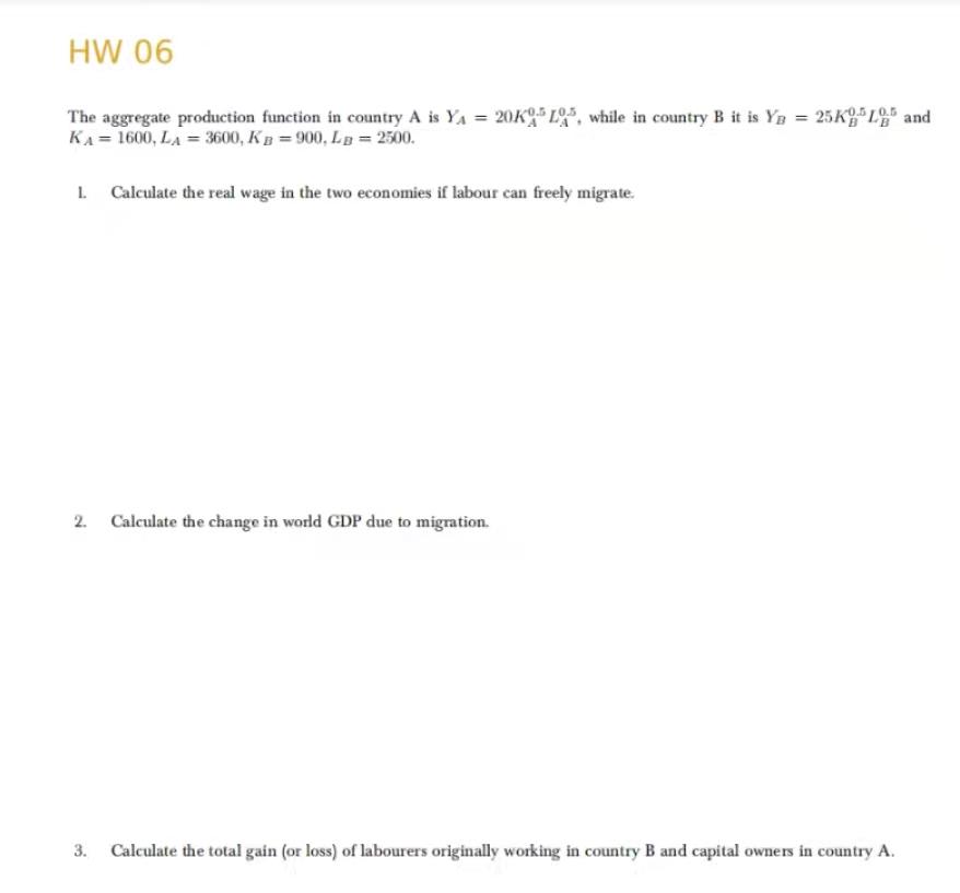 Solved HW 06 The aggregate production function in country A | Chegg.com