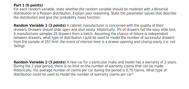 Solved Part 1 (6 points) For each random variable, state | Chegg.com
