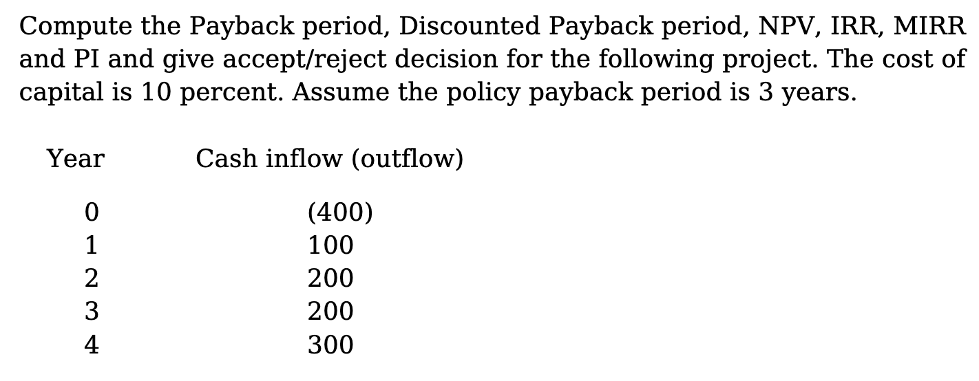 Solved Compute the Payback period, Discounted Payback | Chegg.com