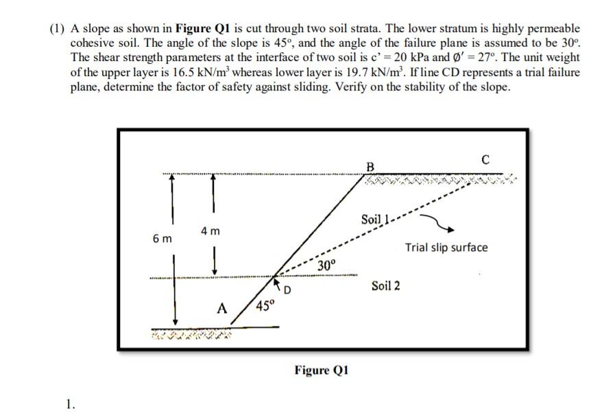 Solved (1) A slope as shown in Figure Q1 is cut through two | Chegg.com