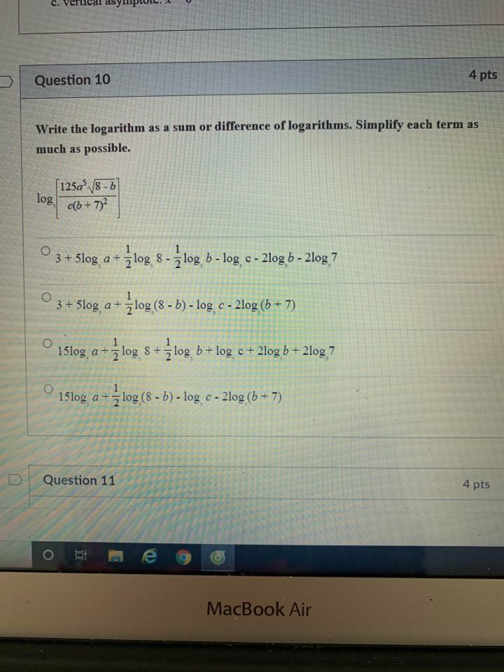 Solved C. Question 10 4 pts Write the logarithm as a sum or | Chegg.com