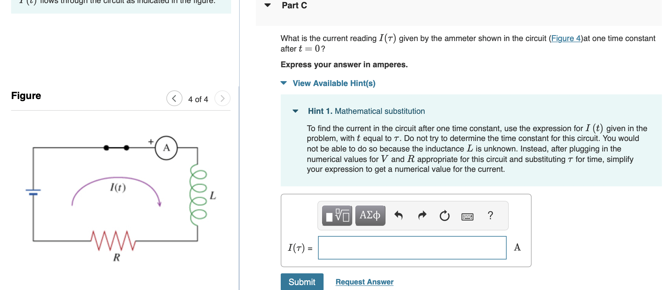 Solved C. What is the current reading I(τ) given by the | Chegg.com