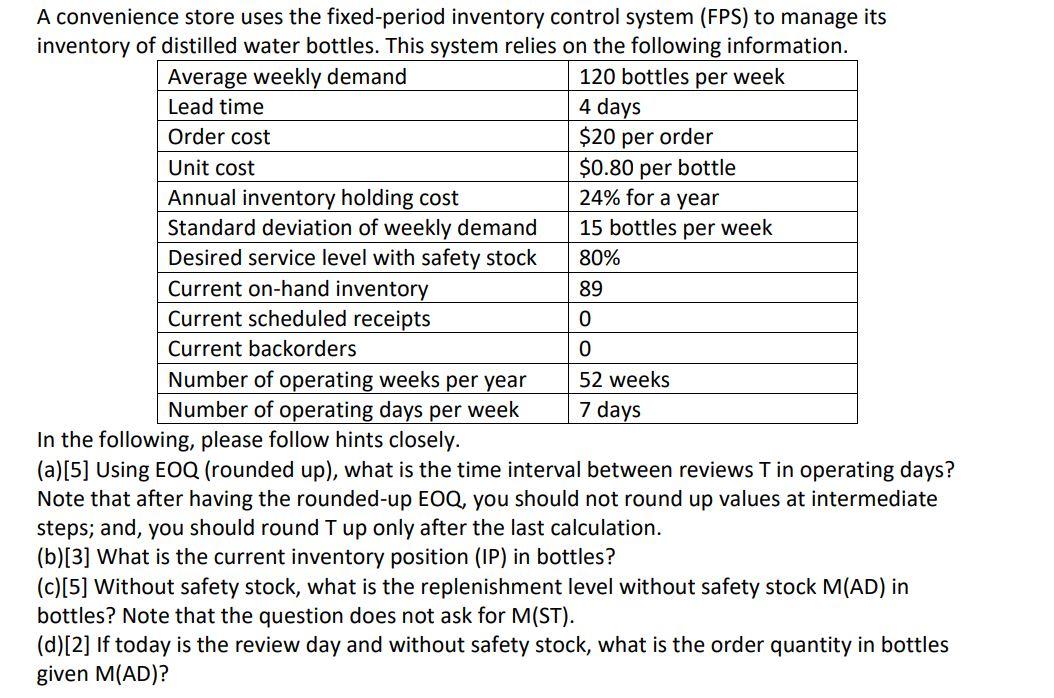 Solved A convenience store uses the fixed-period inventory | Chegg.com