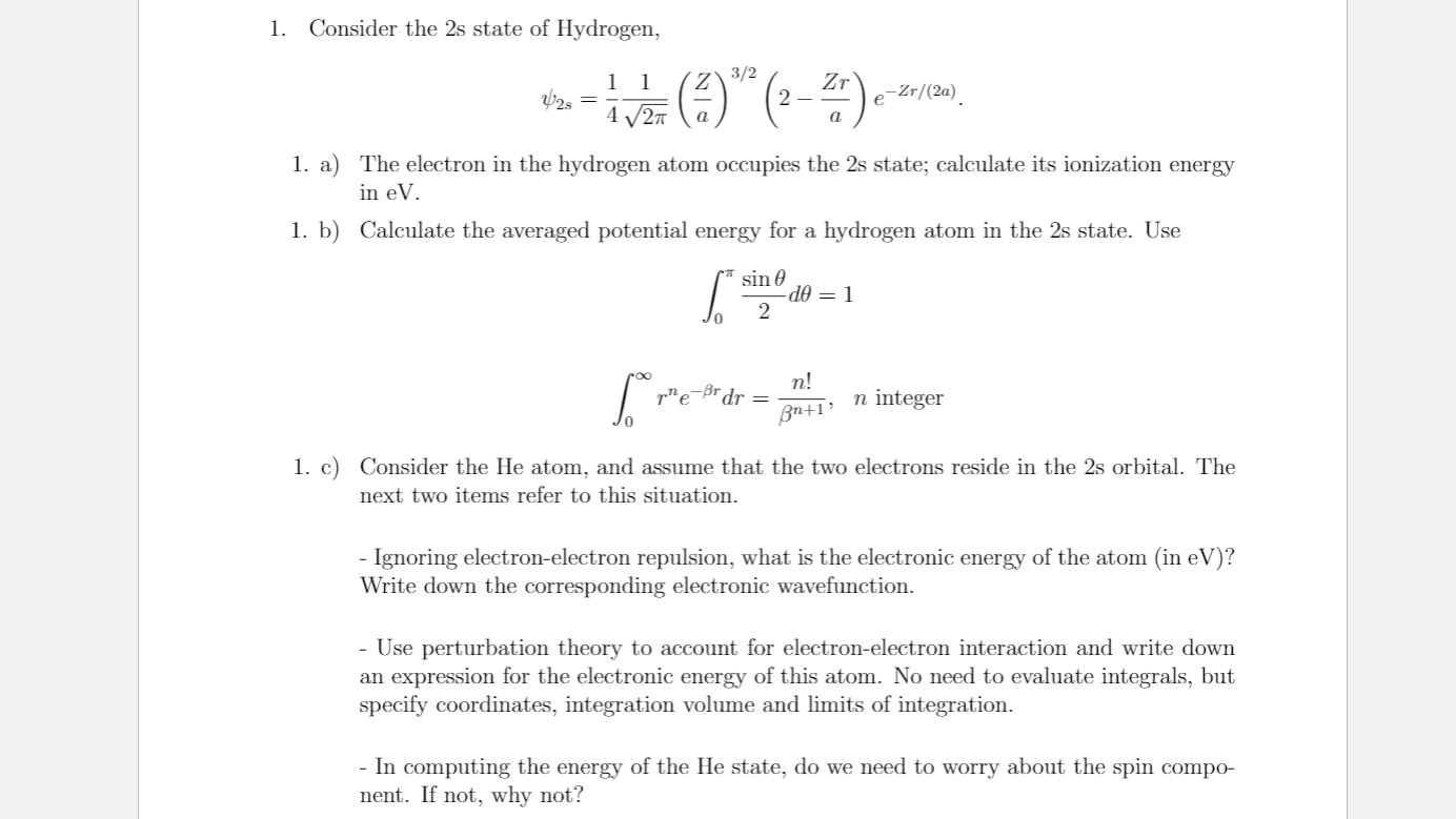 Solved 1 Consider The 2s State Of Hydrogen U2s 172