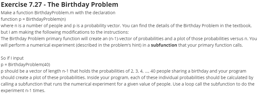 Solved Exercise 7.27 - ﻿The Birthday ProblemMake a matlab | Chegg.com