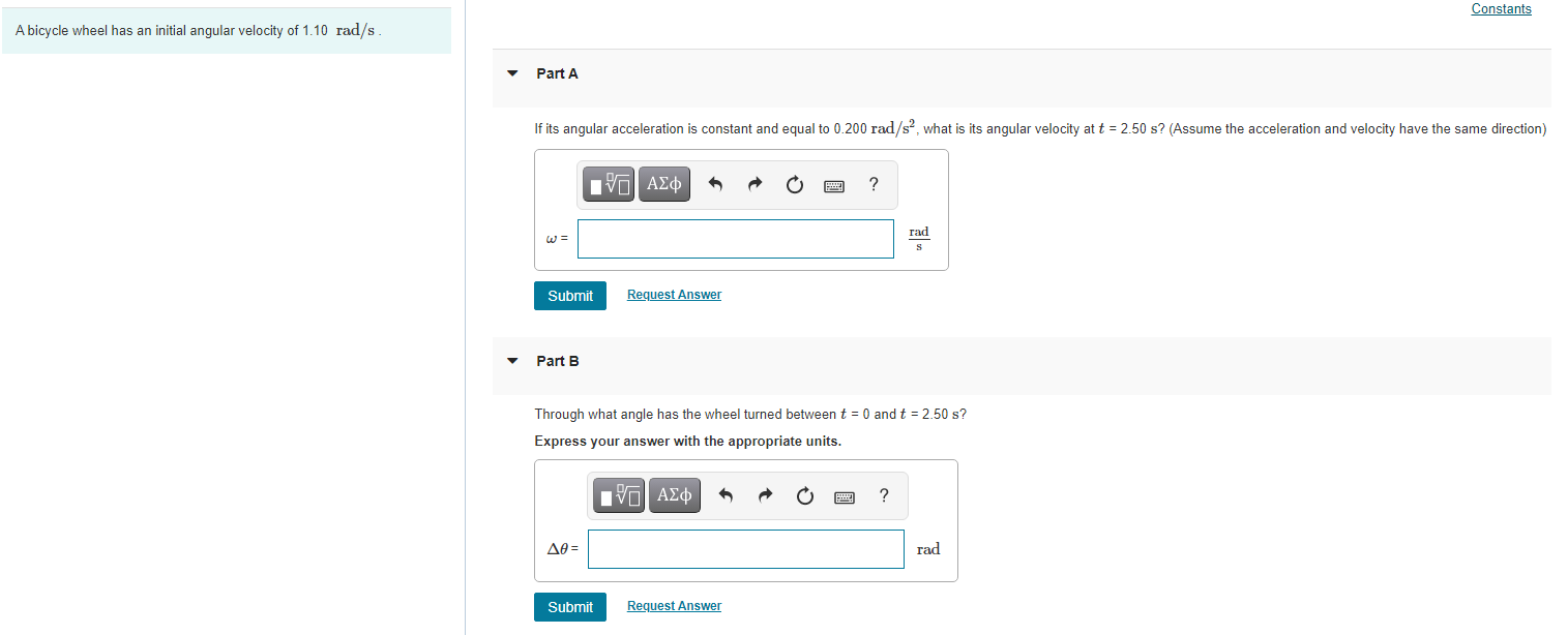 Solved Constants A bicycle wheel has an initial angular | Chegg.com
