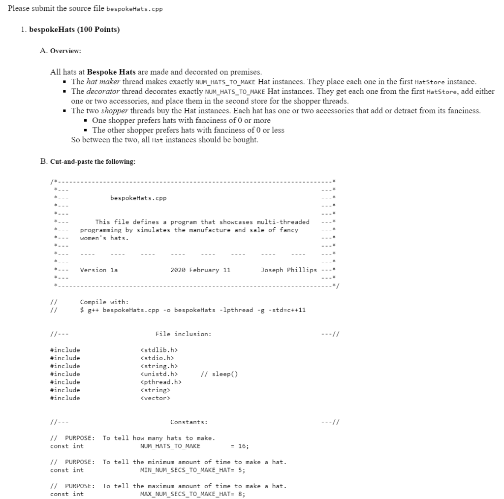 Please submit the source file bespokeHats.cpp 1. | Chegg.com