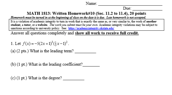 Solved Name Due: MATH 1813: Written Homework#10 (Sec. 11.2 | Chegg.com