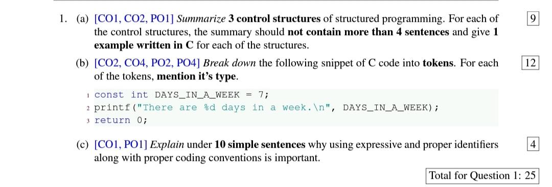 Solved 9 12 1. (a) [C01, CO2, PO1] Summarize 3 control | Chegg.com