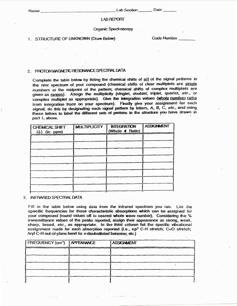 Solved Name Lab Section Date LAG REPORT Organic Spectroscopy | Chegg.com