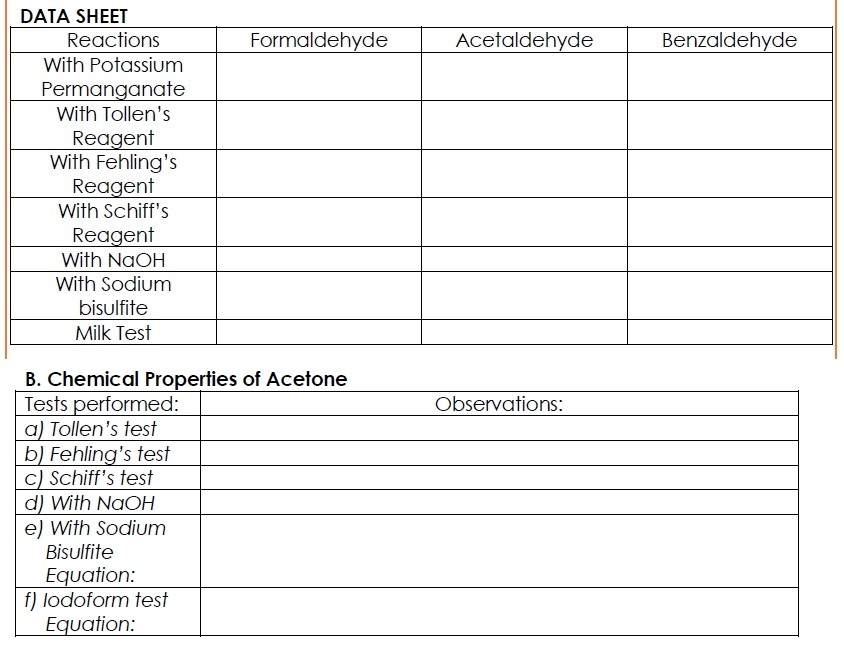 Solved Formaldehyde Acetaldehyde Benzaldehyde DATA SHEET | Chegg.com