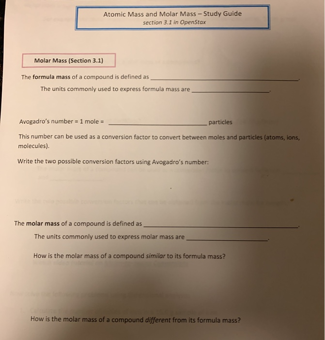 Solved Atomic Mass and Molar Mass-Study Guide section 3.1 in | Chegg.com