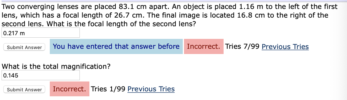 Solved Two converging lenses are placed 83.1 cm apart. An | Chegg.com