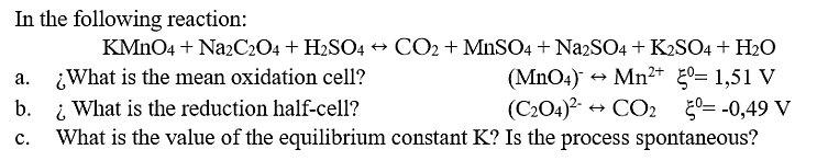 Solved a. In the following reaction: KMnO4 + Na2C204 + H2SO4 | Chegg.com
