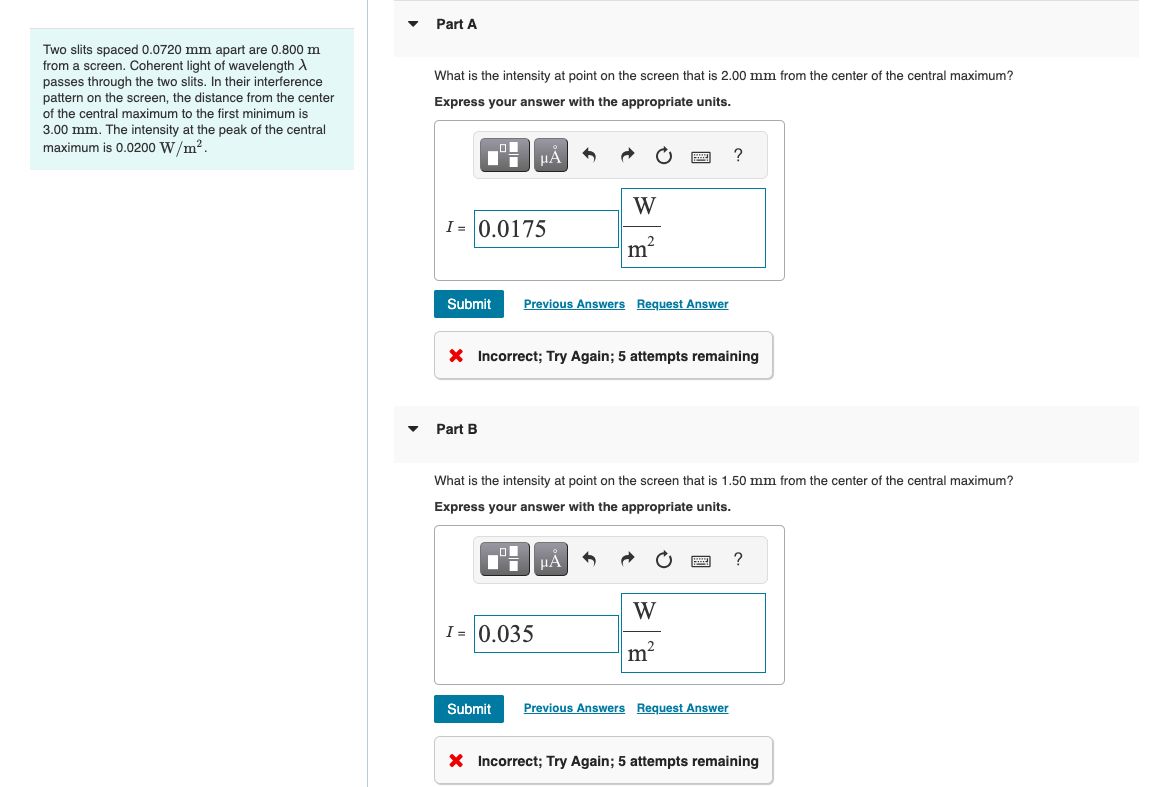 Solved Two slits spaced 0.0720 mmmm apart are 0.800 mm from | Chegg.com