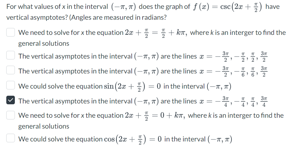 Solved For what values of x in the interval (−π,π) does the | Chegg.com