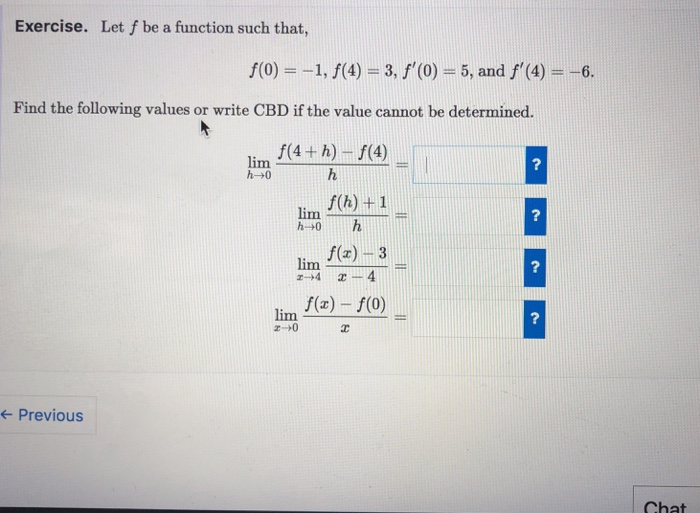 Solved Exercise. Let f be a function such that, f(0)--1, | Chegg.com