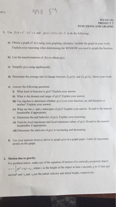 Solved 8/13 MATH 152 PROJECT2 FUNCTIONS AND GRAPHS 1. Use | Chegg.com