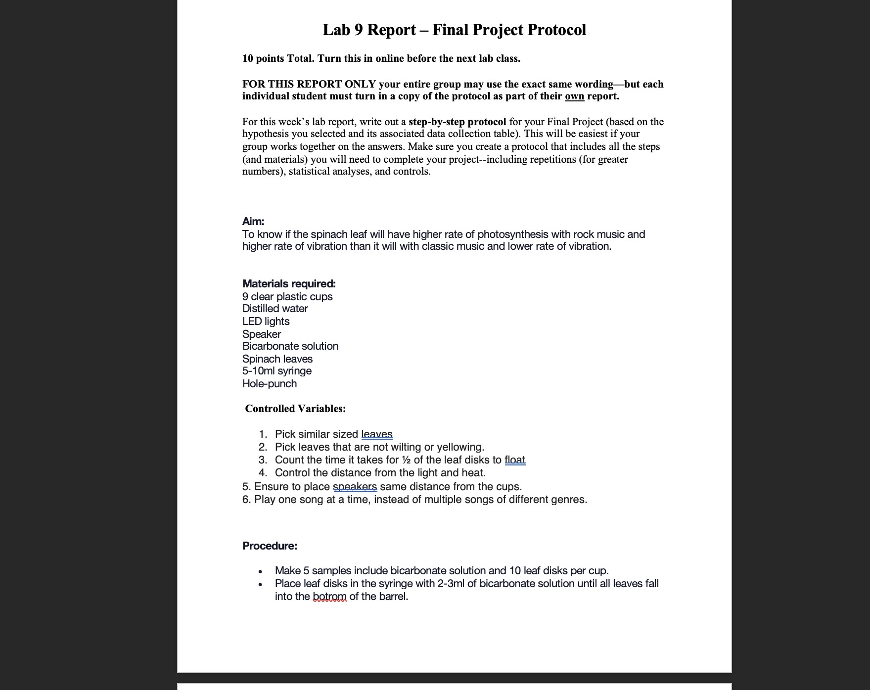 Solved Lab 9 Report - Final Project Protocol 10 points | Chegg.com