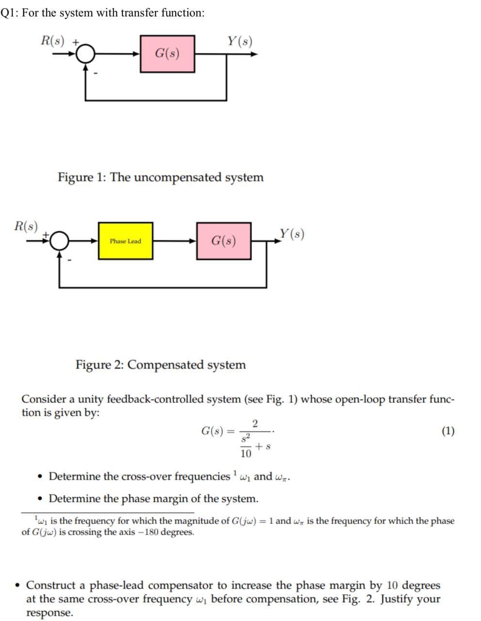 Solved Q1: For the system with transfer function: R(s) + | Chegg.com