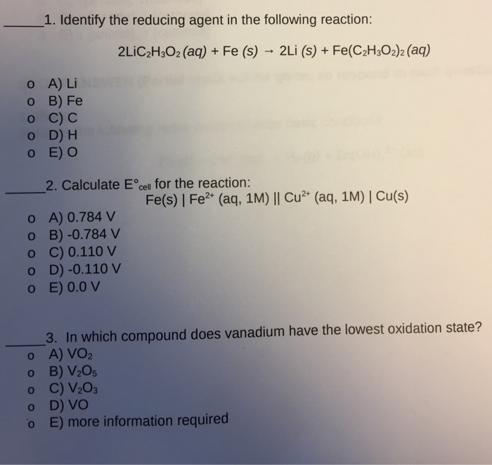 Solved __________ Identify the reducing agent in the | Chegg.com