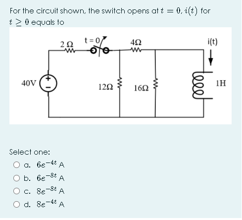 Solved For the circuit shown, the switch opens at t=0, i(t) | Chegg.com
