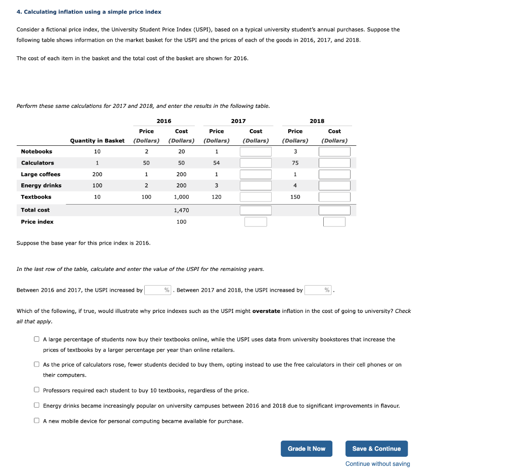 Solved 4. Calculating inflation using a simple price index | Chegg.com