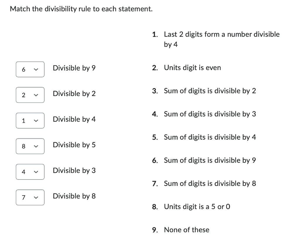 Solved Match The Divisibility Rule To Each Statement 6 2 1 Chegg