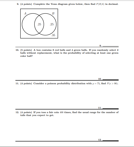 Solved 9. (4 points) Complete the Venn diagram given below, | Chegg.com Solved 9. (4 points) Complete the Venn diagram given below, | Chegg.com