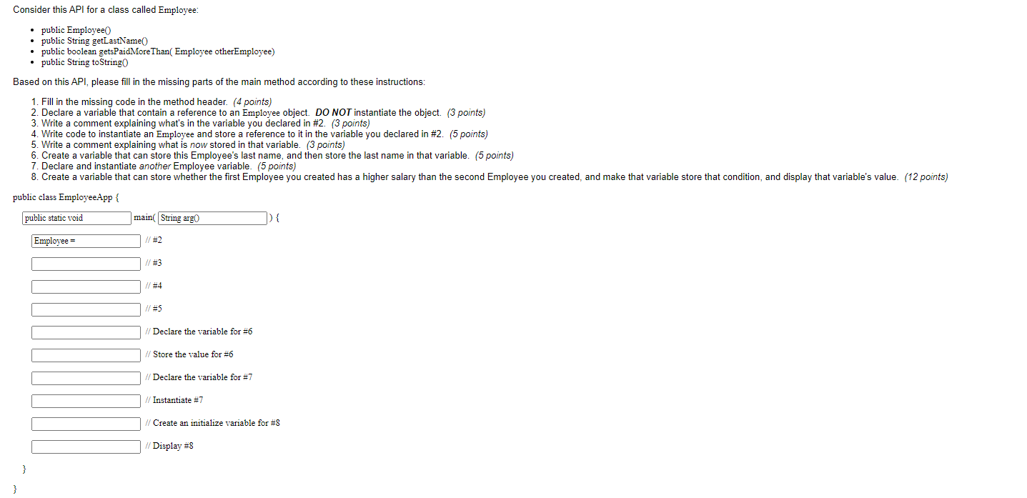 Solved Consider this API for a class called Employee • | Chegg.com