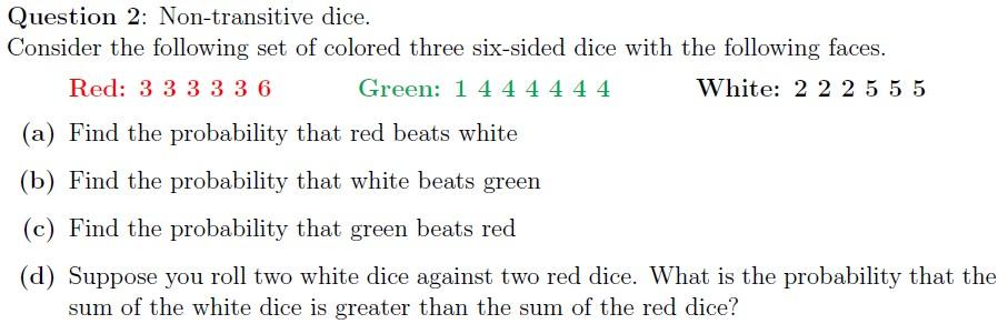 Solved Question 2: Non-transitive dice. Consider the | Chegg.com